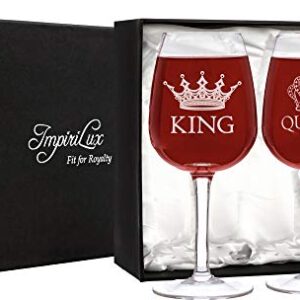 ImpiriLux King and Queen Wine Glass Set | Beautiful Gift for Newlyweds, Engagements, Anniversaries, Weddings, Parents, Couples, Christmas - Novelty Drinking Glassware