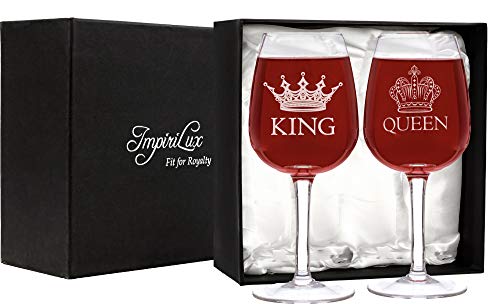 ImpiriLux King and Queen Wine Glass Set | Beautiful Gift for Newlyweds, Engagements, Anniversaries, Weddings, Parents, Couples, Christmas - Novelty Drinking Glassware