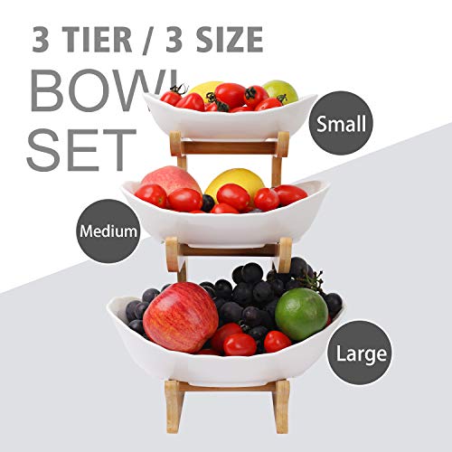 SEVEN SPARTA Tiered Fruit basket Fruit Bowl for Kitchen Counter, Elegant Combo of Ceramic Bowls and Bamboo Rack, Big Capacity, Easy Install, Multi-Occasion for Kitchen, Party, Restaurant and Gift