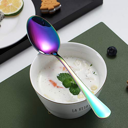 Rainbow Dinner Spoons, Kyraton 6 Pieces 7.5" Stainless Steel Table Spoon With Titanium Colorful Plating, Rainbow Soup Spoons, Dessert Spoons Sliverware Dishwasher Safe Set of 6