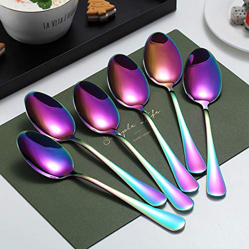 Rainbow Dinner Spoons, Kyraton 6 Pieces 7.5" Stainless Steel Table Spoon With Titanium Colorful Plating, Rainbow Soup Spoons, Dessert Spoons Sliverware Dishwasher Safe Set of 6