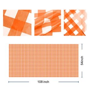 MYMENU Plastic Tablecloth Disposable Checkered Table Cover Extra Thick 54" x 108" Rectangle Table Cloth for Indoor or Outdoor Parties Birthdays Weddings Christmas Fiestas (Orange&White, 2 Pack)