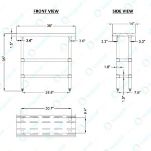 36" Long X 14" Deep Stainless Steel Work Table with 2 Shelves | Metal Food Prep Station | Commercial & Residential NSF Utility Table