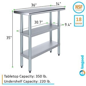 36" Long X 14" Deep Stainless Steel Work Table with 2 Shelves | Metal Food Prep Station | Commercial & Residential NSF Utility Table