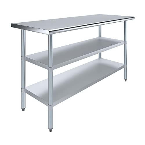 60" Long X 24" Deep Stainless Steel Work Table with 2 Shelves | Metal Food Prep Station | Commercial & Residential NSF Utility Table