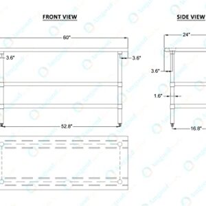 60" Long X 24" Deep Stainless Steel Work Table with 2 Shelves | Metal Food Prep Station | Commercial & Residential NSF Utility Table