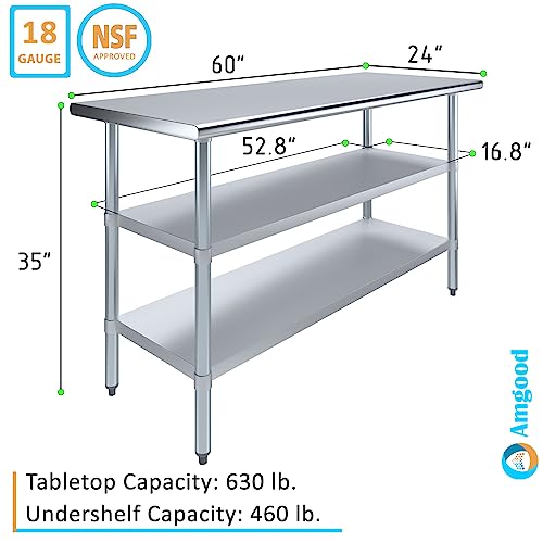 60" Long X 24" Deep Stainless Steel Work Table with 2 Shelves | Metal Food Prep Station | Commercial & Residential NSF Utility Table