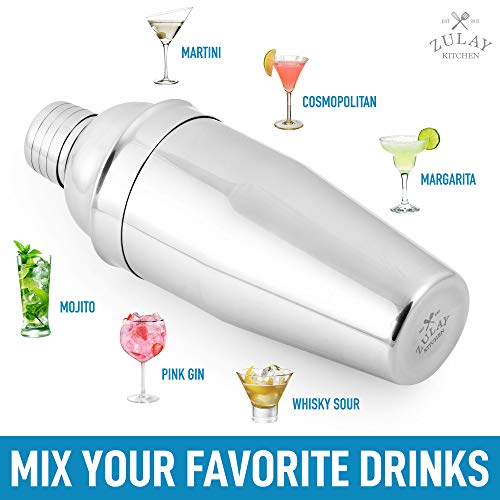 Zulay (24oz) Cocktail Shaker - 18/8 Stainless Steel Martini Shaker With Built-in Strainer - Professional Grade Martini Shaker and Strainer For Bartending & Homebars (Silver)