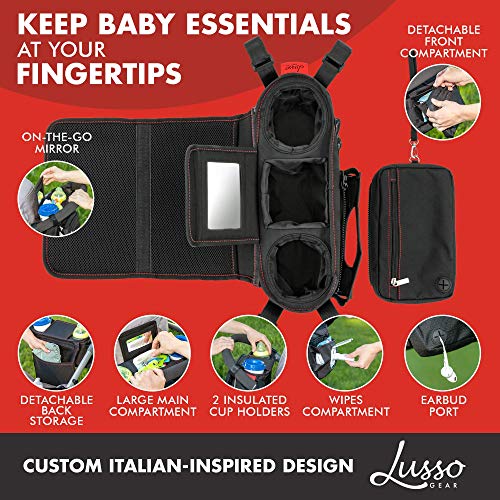 Lusso Gear Stroller Organizer With Cup Holder - Fits Strollers, Stroller Accessory for Baby Storage On the Go, Stroller Caddy With Multiple Storage Sections, Secure Fit Won’t Slip or Slide (Red)