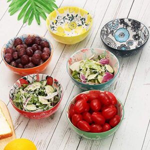 DeeCoo Porcelain Bowls Set (18-Ounce, 6-Piece) - for Cereal, Soup, Salad, Pasta, Fruit, Ice Cream Bowls Service - Microwave and Dishwasher Safe, Assorted Designs