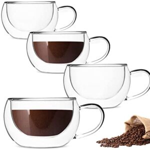 DeeCoo Double Wall Cappuccino Mugs 10oz, Clear Coffee Mug Set of 4 Espresso Cups, Insulated Glass with Handles (Latte Glasses,Tea)