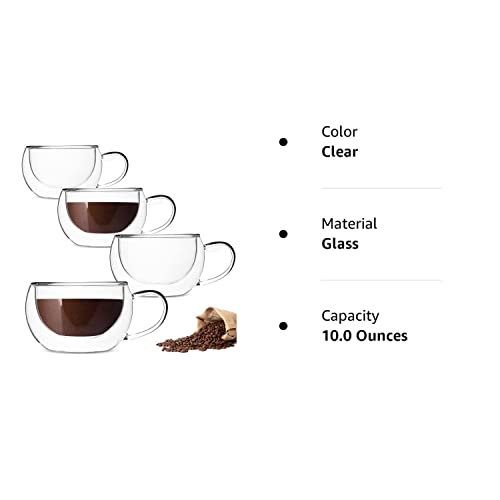 DeeCoo Double Wall Cappuccino Mugs 10oz, Clear Coffee Mug Set of 4 Espresso Cups, Insulated Glass with Handles (Latte Glasses,Tea)