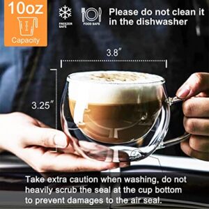 DeeCoo Double Wall Cappuccino Mugs 10oz, Clear Coffee Mug Set of 4 Espresso Cups, Insulated Glass with Handles (Latte Glasses,Tea)