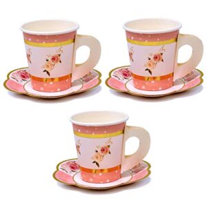 36 disposable tea party cups 5 oz 3" 36 saucers 5" paper floral shaped plate teacup set with handle for kids girls mom coffee mugs wedding birthday baby bridal shower gold foil & pink table supplies