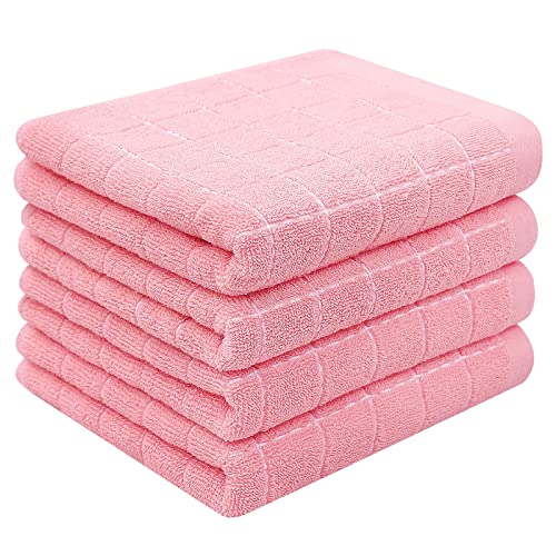 Homaxy 100% Cotton Terry Kitchen Towels(Pink, 13 x 28 inches), Checkered Designed, Soft and Super Absorbent Dish Towels, 4 Pack