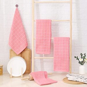 Homaxy 100% Cotton Terry Kitchen Towels(Pink, 13 x 28 inches), Checkered Designed, Soft and Super Absorbent Dish Towels, 4 Pack