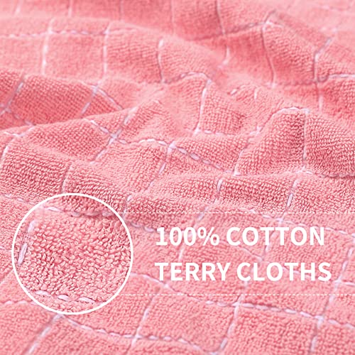 Homaxy 100% Cotton Terry Kitchen Towels(Pink, 13 x 28 inches), Checkered Designed, Soft and Super Absorbent Dish Towels, 4 Pack