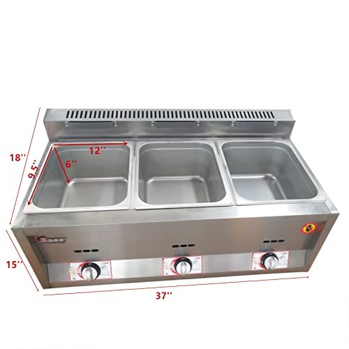 LianDu Triple Server Food Warmer 3-Well Commercial Gas Bain Marie Buffet Countertop Food Warmer Steam Table Steamer Soup Warmer Adjustable Temp Gas Fryer Steamer Cooking Heating Pot (3-Pan 600 fl oz)