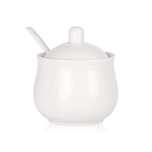 CHILDIKE Ceramic Sugar Bowl with Lid and Spoon, White Porcelain Sugar Salt Pepper Storage Jar, 8 Ounces