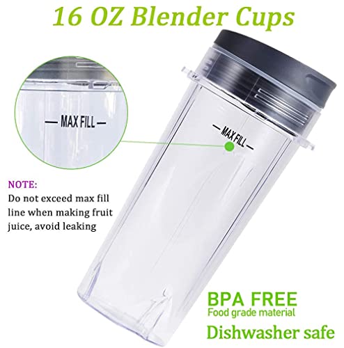 16oz Blender Cup Set for Ninja Replacement Parts Single Serve Blender Cup With Lids Set For BL770 BL780 BL660 BL740 BL810 Nutri Ninja Series Blenders (2-pack)