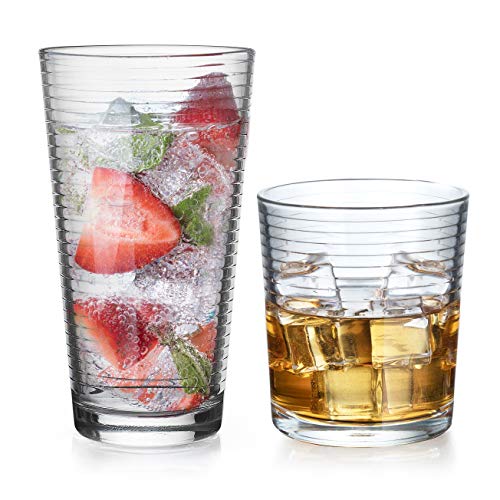 Drinking Glasses - Set of 8 Glass Cups, 4 Highball Glasses (17oz) 4 Rocks Glasses (13oz) Ribbed Glasses for Mixed Drinks, Water, Juice, beer, Wine, Excellent Gift!