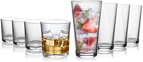 Drinking Glasses - Set of 8 Glass Cups, 4 Highball Glasses (17oz) 4 Rocks Glasses (13oz) Ribbed Glasses for Mixed Drinks, Water, Juice, beer, Wine, Excellent Gift!