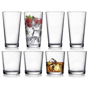 Drinking Glasses - Set of 8 Glass Cups, 4 Highball Glasses (17oz) 4 Rocks Glasses (13oz) Ribbed Glasses for Mixed Drinks, Water, Juice, beer, Wine, Excellent Gift!