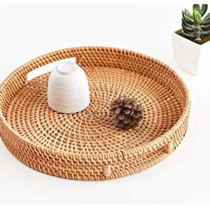 DECRAFTS Round Rattan Serving Tray Decorative Woven Ottoman Trays with Handles for Coffee Table Natural (Small 11.8 inch x 2.4 inch)