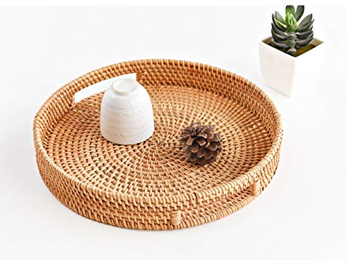 DECRAFTS Round Rattan Serving Tray Decorative Woven Ottoman Trays with Handles for Coffee Table Natural (Small 11.8 inch x 2.4 inch)