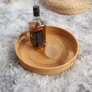 DECRAFTS Round Rattan Serving Tray Decorative Woven Ottoman Trays with Handles for Coffee Table Natural (Small 11.8 inch x 2.4 inch)