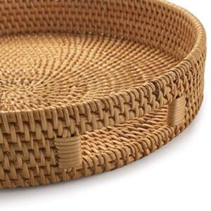 DECRAFTS Round Rattan Serving Tray Decorative Woven Ottoman Trays with Handles for Coffee Table Natural (Small 11.8 inch x 2.4 inch)