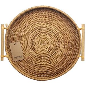 decrafts rattan round serving tray wicker woven bread basket with handles for cracker dinner parties coffee table breakfast (natural 12.6 inches)