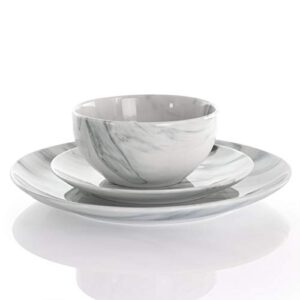 Elama Fine Round Gloss Dinnerware Dish Set, 16 Piece, Black and White Marble