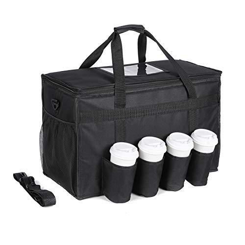 cherrboll Insulated Food Delivery Bag with 4 Cup Holders, Extra Large Commercial Grade Catering Bag - Waterproof, Sturdy Zippers - Ideal for Restaurant Delivery, Grocery Shopping