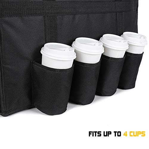 cherrboll Insulated Food Delivery Bag with 4 Cup Holders, Extra Large Commercial Grade Catering Bag - Waterproof, Sturdy Zippers - Ideal for Restaurant Delivery, Grocery Shopping