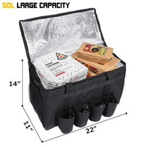 cherrboll Insulated Food Delivery Bag with 4 Cup Holders, Extra Large Commercial Grade Catering Bag - Waterproof, Sturdy Zippers - Ideal for Restaurant Delivery, Grocery Shopping