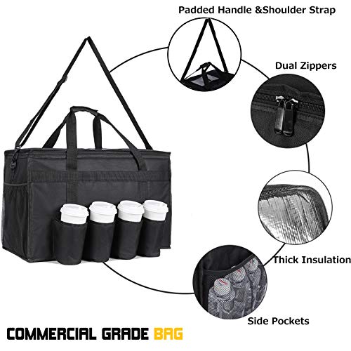 cherrboll Insulated Food Delivery Bag with 4 Cup Holders, Extra Large Commercial Grade Catering Bag - Waterproof, Sturdy Zippers - Ideal for Restaurant Delivery, Grocery Shopping