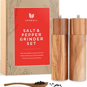 UppWell | Wooden Salt and Pepper Grinder Set & Shakers | Premium Acacia Wood Pepper Mill | Refillable, Eco-friendly, Adjustable Coarseness, Stainless Steel & Ceramic Grinders | 8 Inches, Set of 2