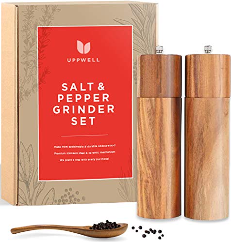 UppWell | Wooden Salt and Pepper Grinder Set & Shakers | Premium Acacia Wood Pepper Mill | Refillable, Eco-friendly, Adjustable Coarseness, Stainless Steel & Ceramic Grinders | 8 Inches, Set of 2