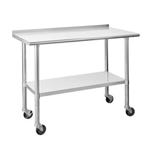 hally stainless steel table for prep & work 24 x 48 inches with caster wheels, nsf commercial heavy duty table with undershelf and backsplash for restaurant, home and hotel