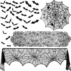 ZeeDix 39 Pcs Halloween Decorations Include Black Lace Spiderweb Round Tablecloth, Fireplace Scarf, Rectangle Table Runner and 36 Bats Wall Stickers for Halloween Home Party Decor