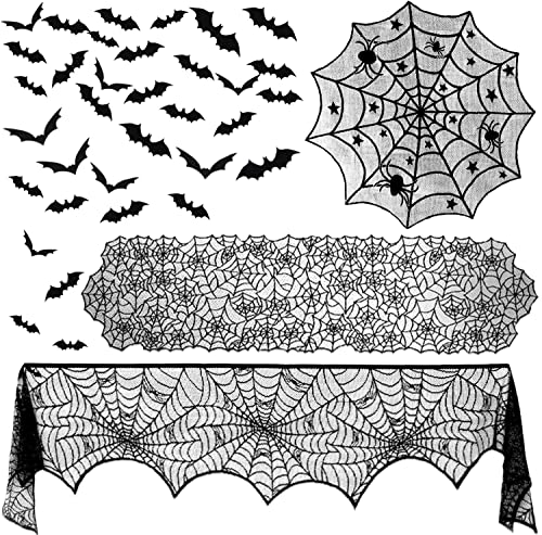 ZeeDix 39 Pcs Halloween Decorations Include Black Lace Spiderweb Round Tablecloth, Fireplace Scarf, Rectangle Table Runner and 36 Bats Wall Stickers for Halloween Home Party Decor