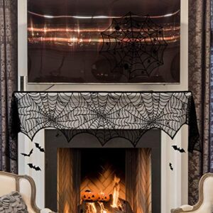 ZeeDix 39 Pcs Halloween Decorations Include Black Lace Spiderweb Round Tablecloth, Fireplace Scarf, Rectangle Table Runner and 36 Bats Wall Stickers for Halloween Home Party Decor