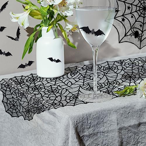 ZeeDix 39 Pcs Halloween Decorations Include Black Lace Spiderweb Round Tablecloth, Fireplace Scarf, Rectangle Table Runner and 36 Bats Wall Stickers for Halloween Home Party Decor