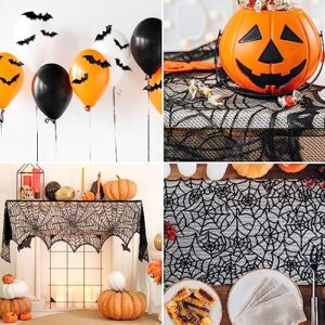 ZeeDix 39 Pcs Halloween Decorations Include Black Lace Spiderweb Round Tablecloth, Fireplace Scarf, Rectangle Table Runner and 36 Bats Wall Stickers for Halloween Home Party Decor