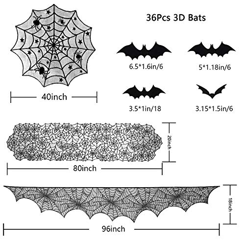 ZeeDix 39 Pcs Halloween Decorations Include Black Lace Spiderweb Round Tablecloth, Fireplace Scarf, Rectangle Table Runner and 36 Bats Wall Stickers for Halloween Home Party Decor