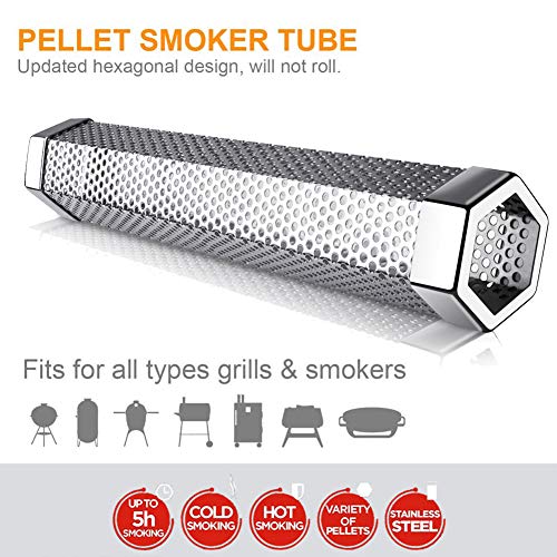 Pellet Smoker Tube -12" Stainless Steel Wood Tube Smoke for Cold/Hot Smoking for All Electric, Gas, Charcoal Grills or Smokers - Ideal for Smoking Cheese, Fish, Pork, Beef, Nuts, Bonus Brush