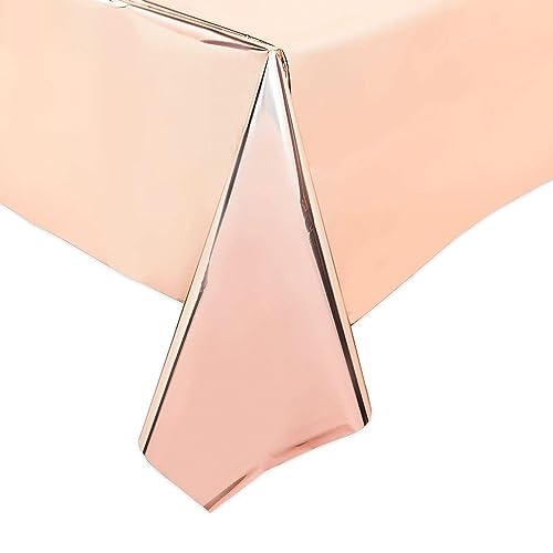 Sparkle and Bash 3 Pack Rose Gold Plastic Tablecloth, Metallic Table Cover Disposable for Pink Birthday Parties, Gender Reveal, Bridal Shower Decorations (54 x 108 in)