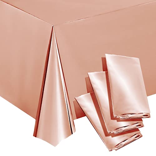 Sparkle and Bash 3 Pack Rose Gold Plastic Tablecloth, Metallic Table Cover Disposable for Pink Birthday Parties, Gender Reveal, Bridal Shower Decorations (54 x 108 in)