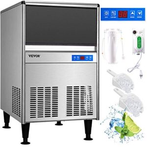 vevor 110v commercial ice maker 170lbs/24h with 66lbs bin, heavy duty stainless steel construction, auto clean, clear cube, air-cooled, include water filter and drain pump, scoop and connection hose